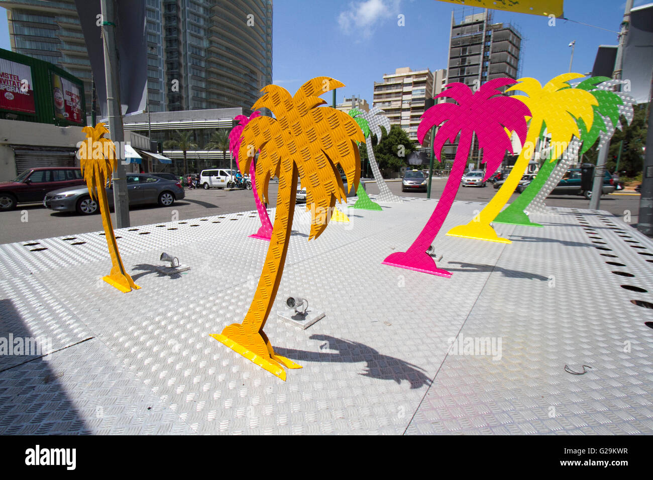 Beirut Lebanon. 27th May 2016. Palm trees are painted in various colors ...