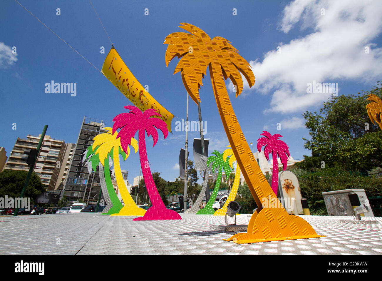 Beirut Lebanon. 27th May 2016. Palm trees are painted in various colors ...
