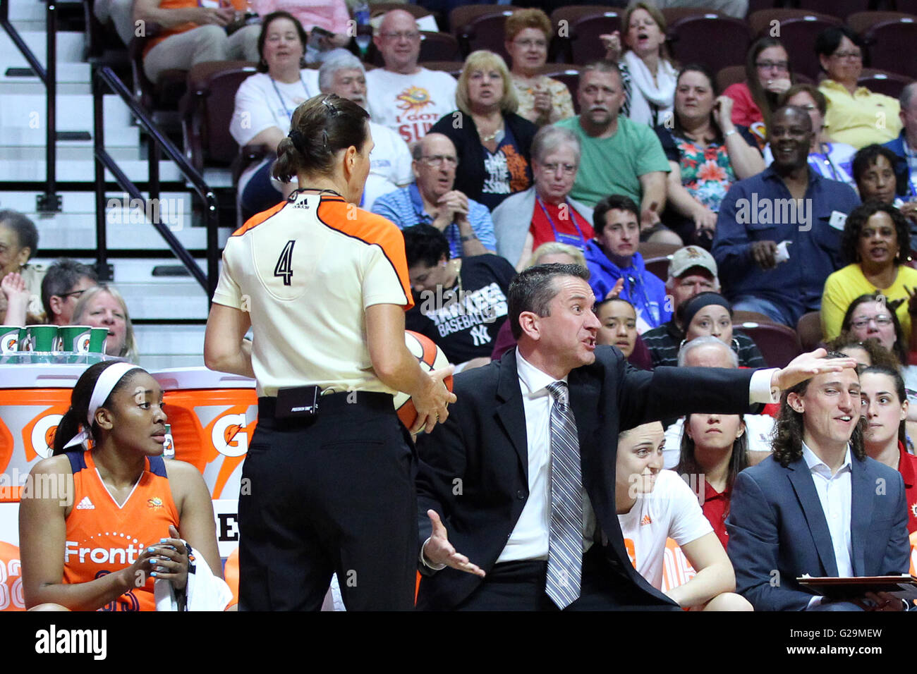 Mohegan Sun Arena. 26th May, 2016. CT, USA; Connecticut Sun head coach ...
