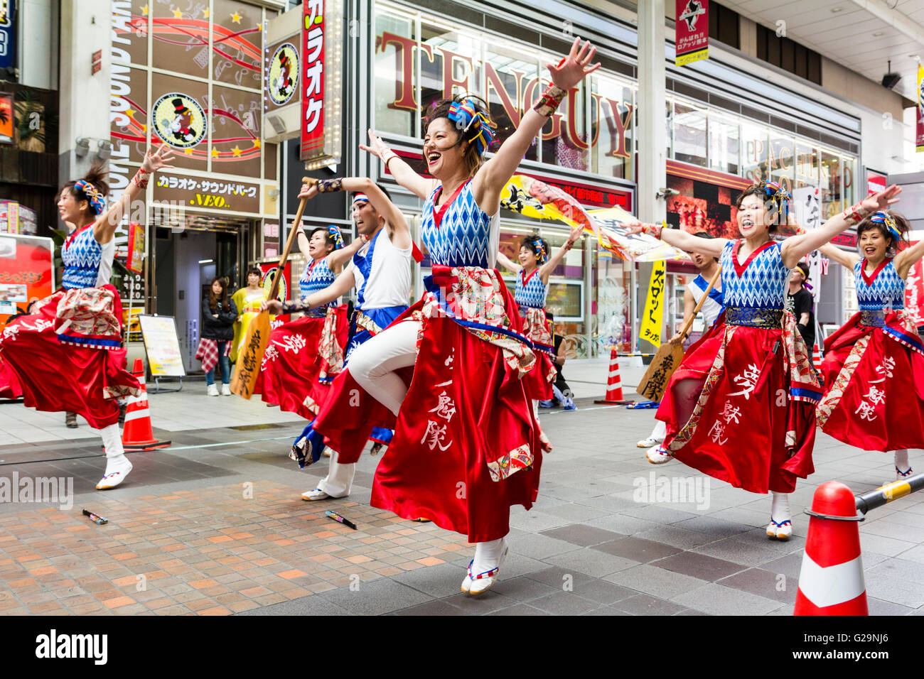 Japan, Kumamoto. Hinokuni Yosakoi dance festival. Team of Japanese ...