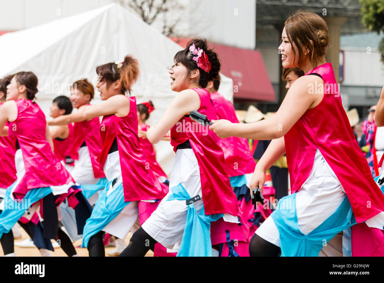Japan, Kumamoto. Hinokuni Yosakoi dance festival. Women team in pink ...