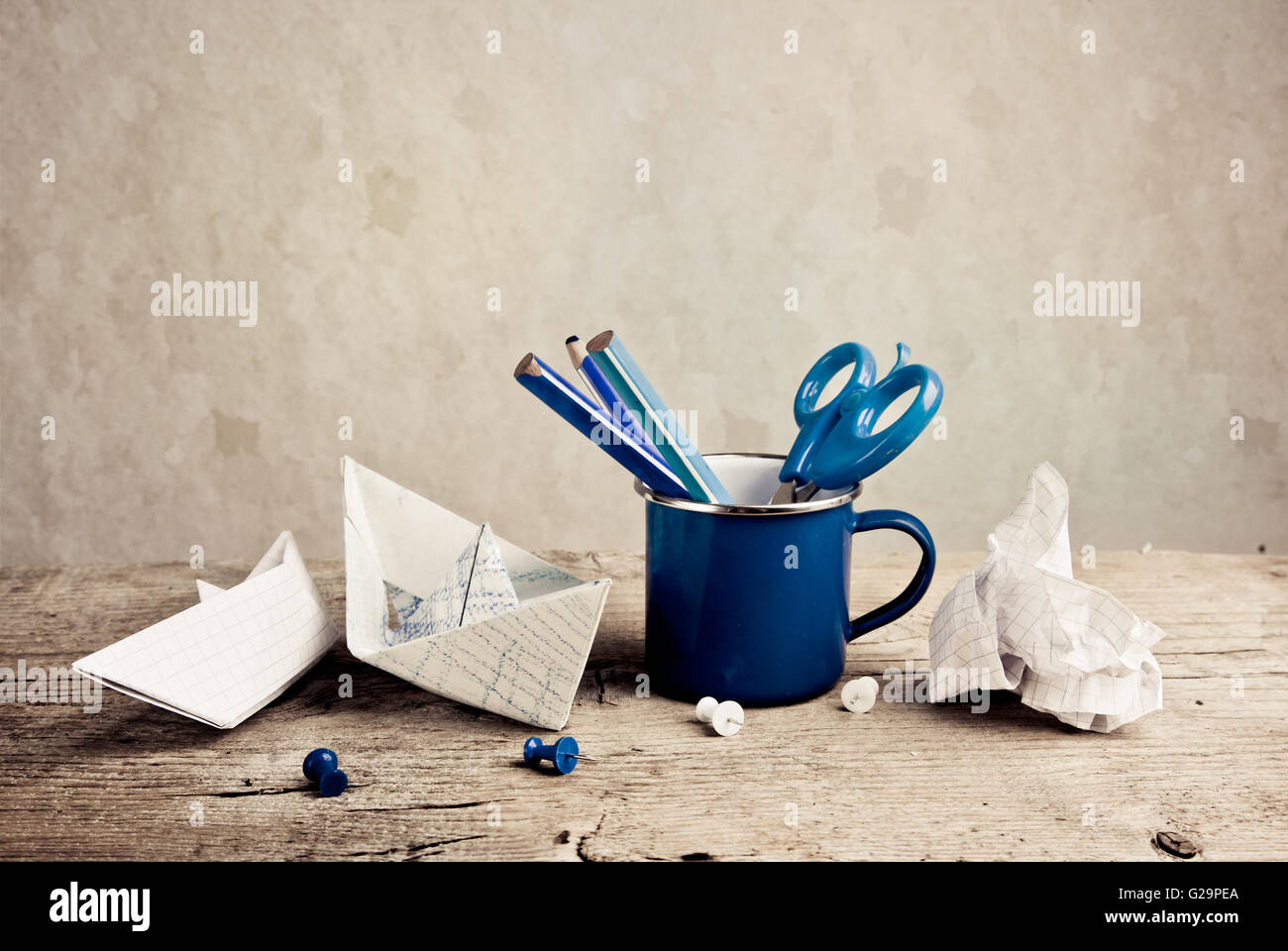 Still-Life with Tools for handicraft work on wooden table Stock Photo ...
