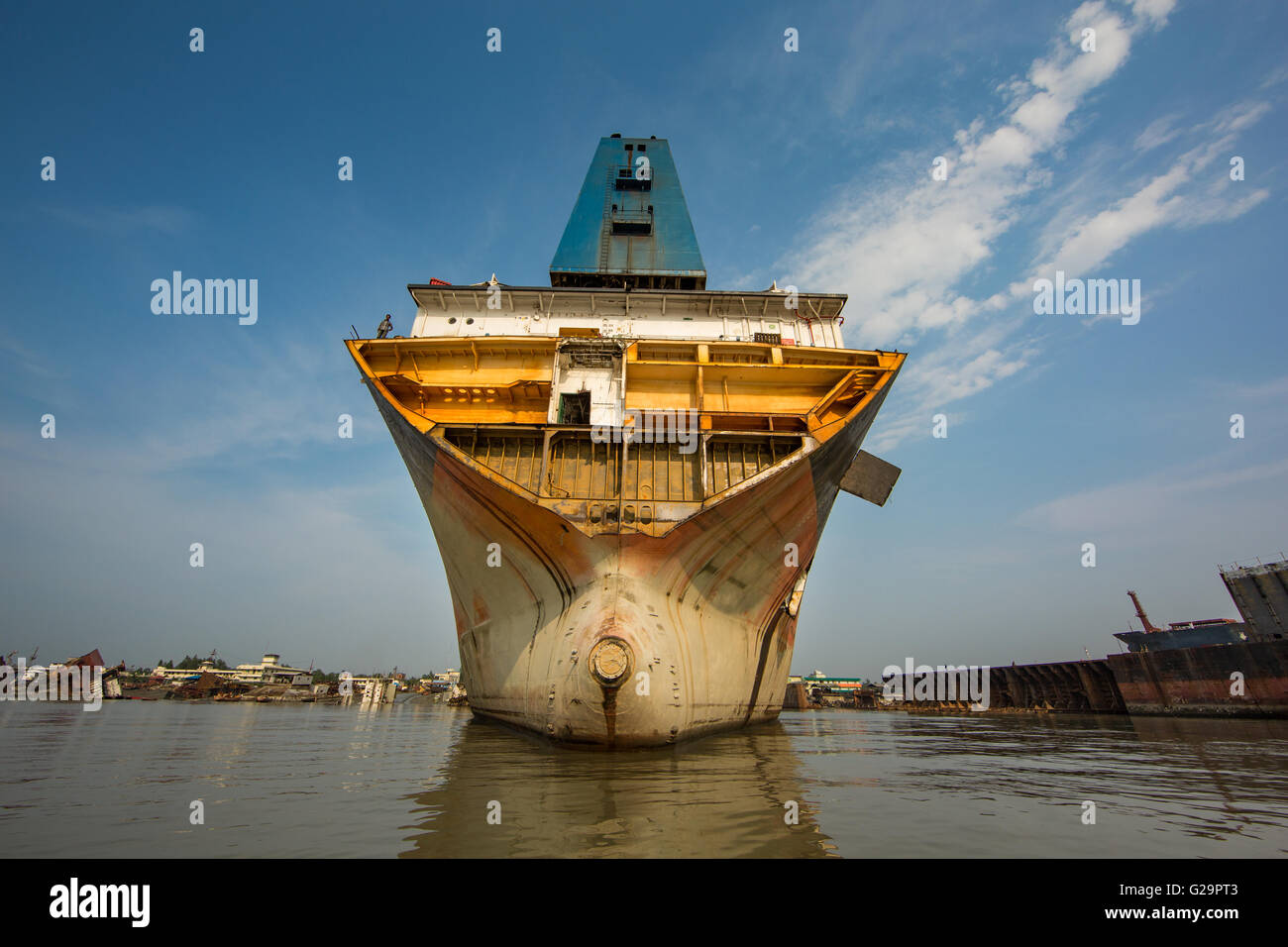Partially broken down ocean ship in a ship breaking yard in Chittagong ...