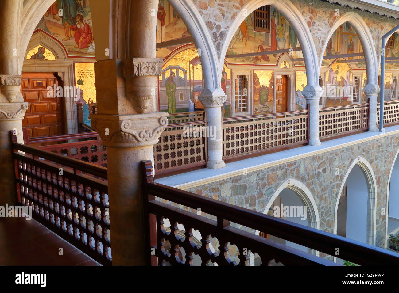 The arcades with colorful mosaics, Kykkos monastery, Troodos mountains ...