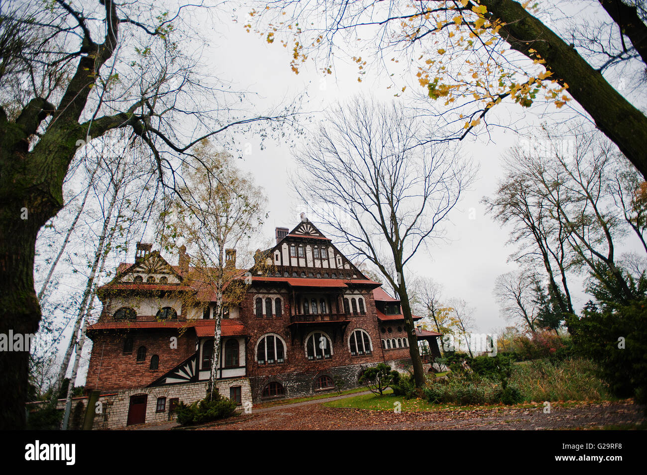 Old abandoned brick mystic mansion. Gothic building at autumn Stock ...
