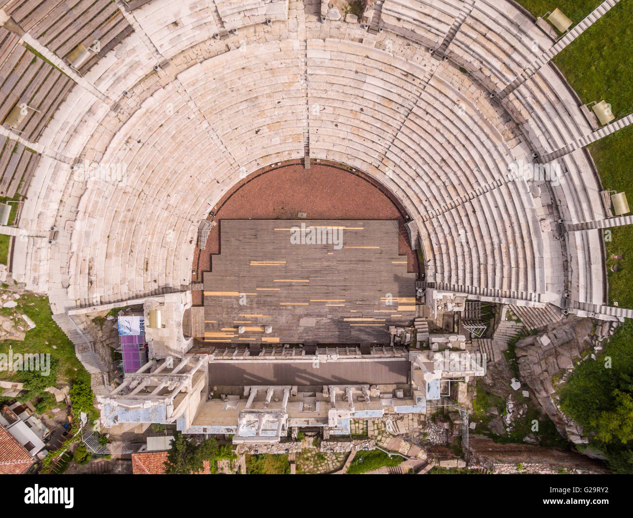 Aerial view of the roman amphitheater in Plovdiv, Bulgaria. Showcasing ...