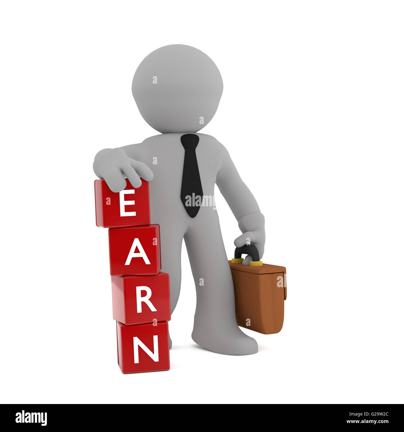 3d business man with a pile of red cubes and the word earn on a white ...