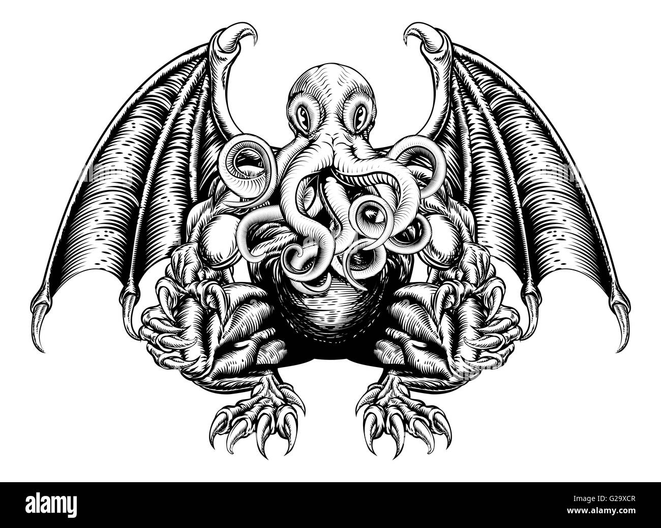 An original illustration of a Cthulhu monster in a woodblock style ...