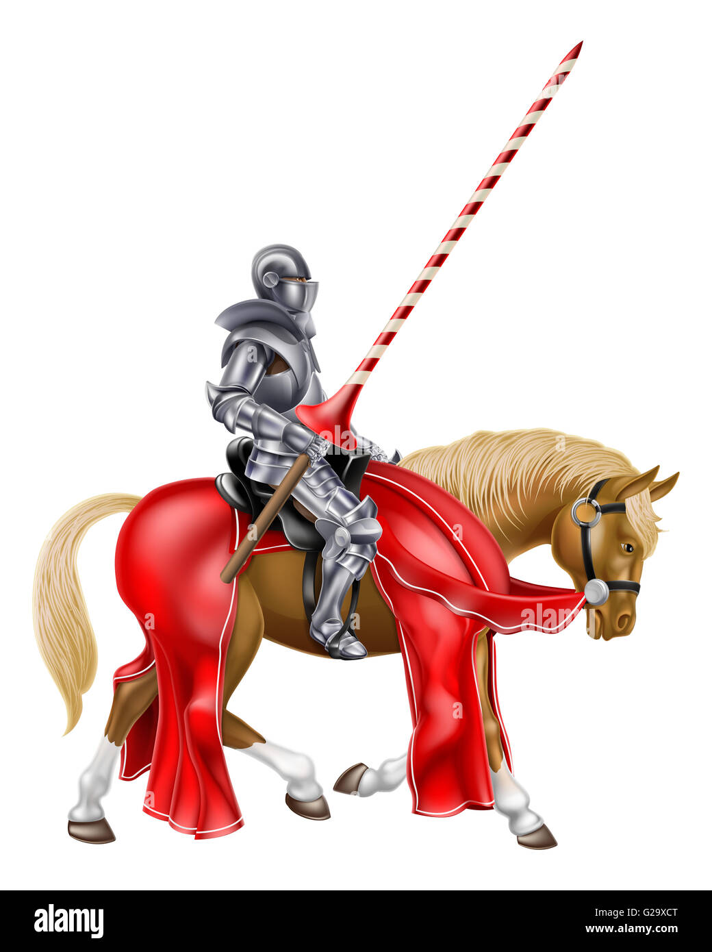 A medieval knight in full armour holding a red and white stripped lance ...