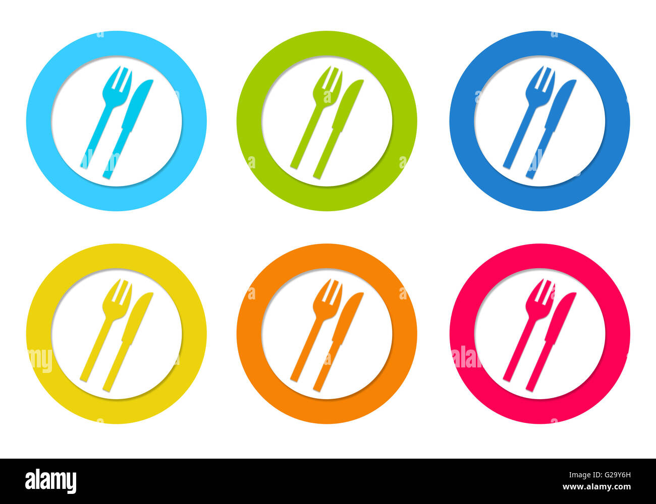 Set of rounded icons with restaurant symbol in blue, green, yellow ...