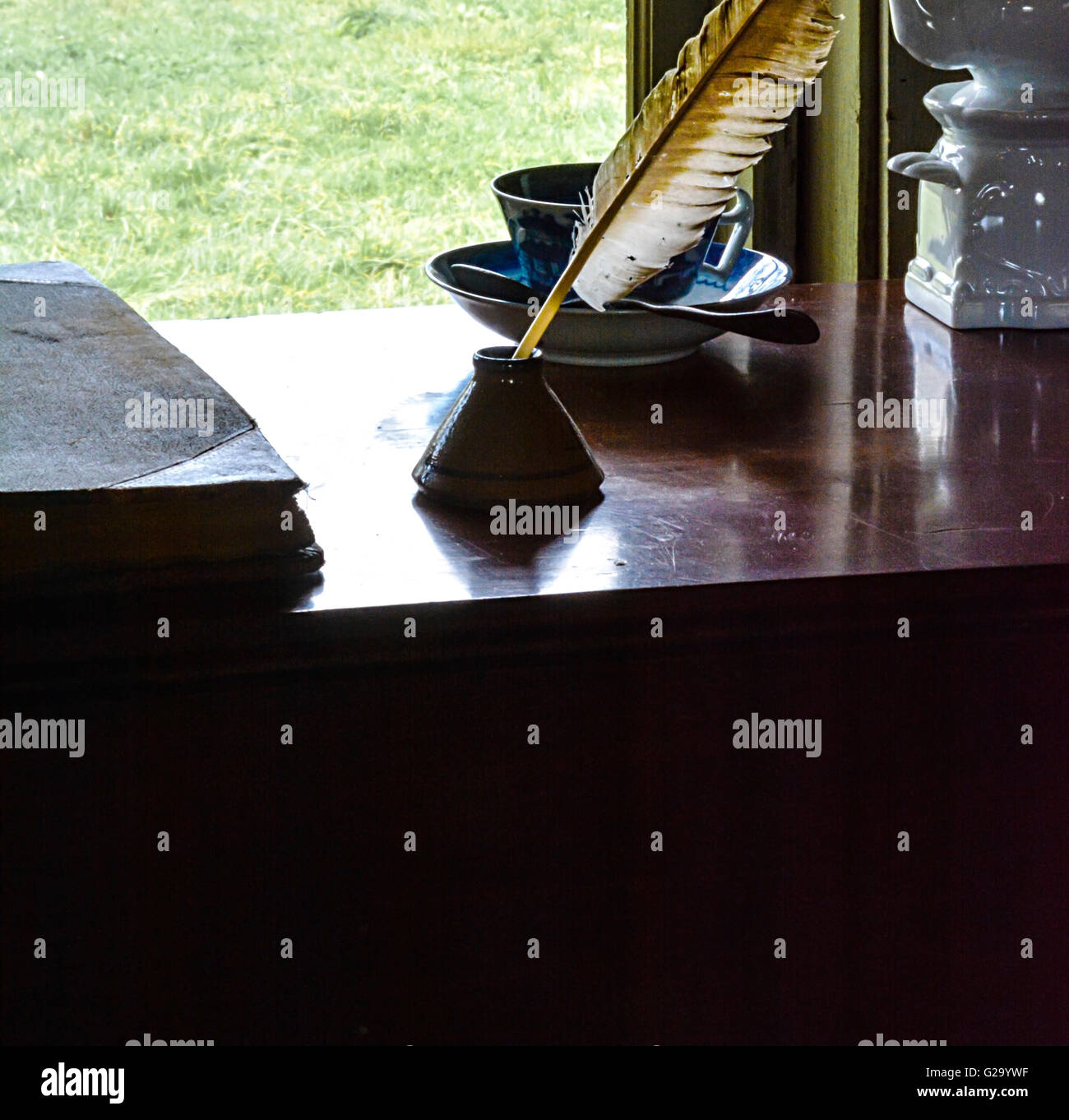 19th Century American style room interior with a writing desk, journal ...