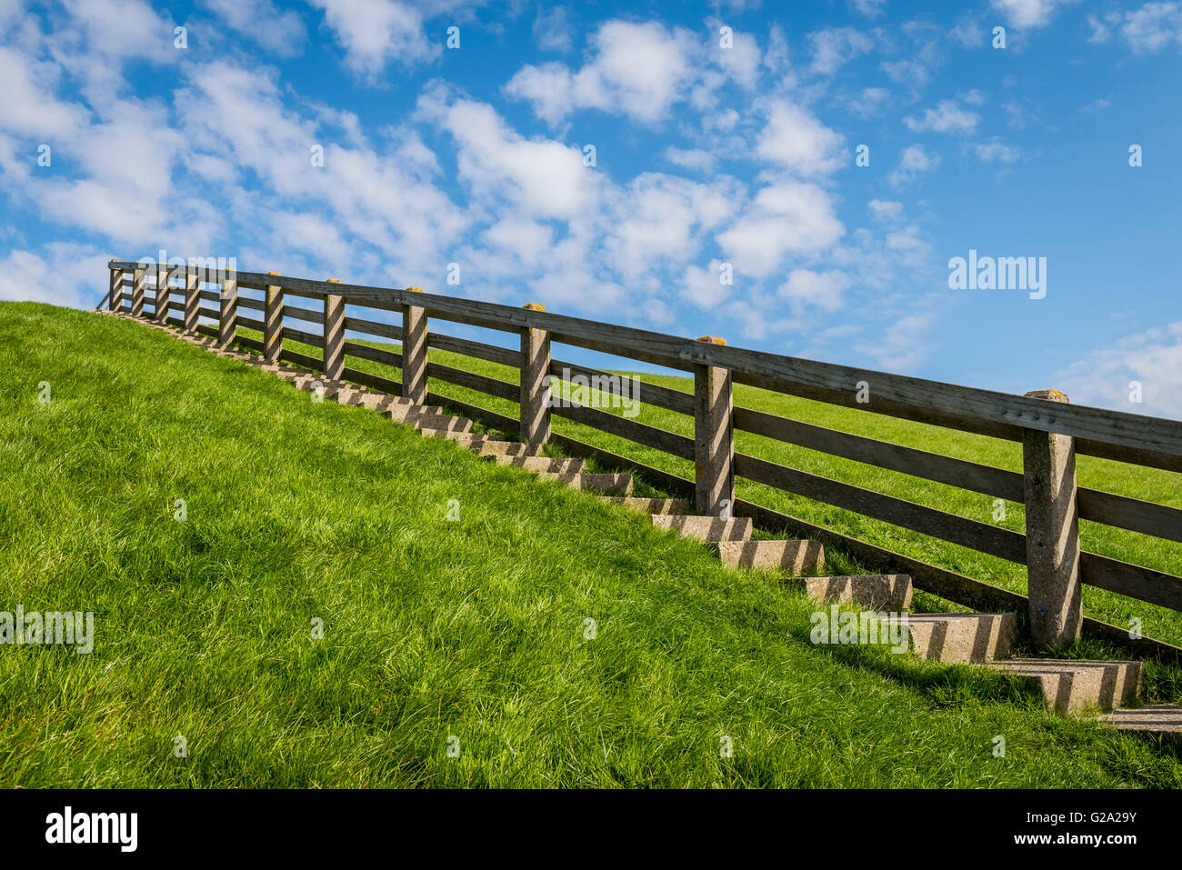 Stairs on a green grass dike in Friesland in the summer in the ...