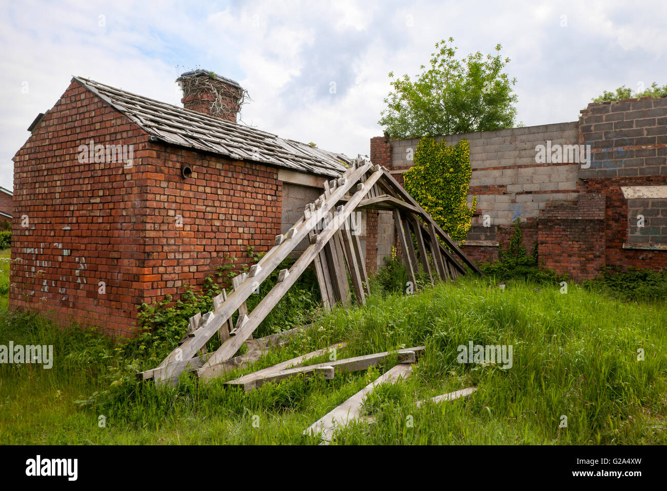 Deserted, unsafe, overgrown 1803 Red brick Farm House, building, in ...