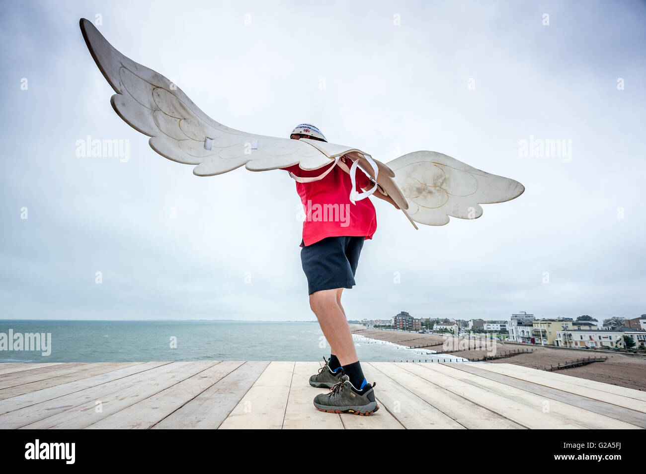 Ron Freeman, the 2007 winner of the Bognor Birdman competition, testing ...
