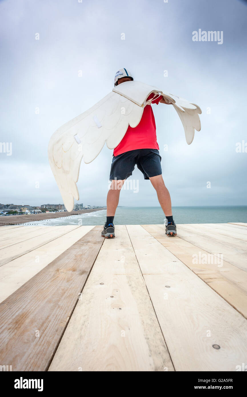 Ron Freeman, the 2007 winner of the Bognor Birdman competition, testing ...