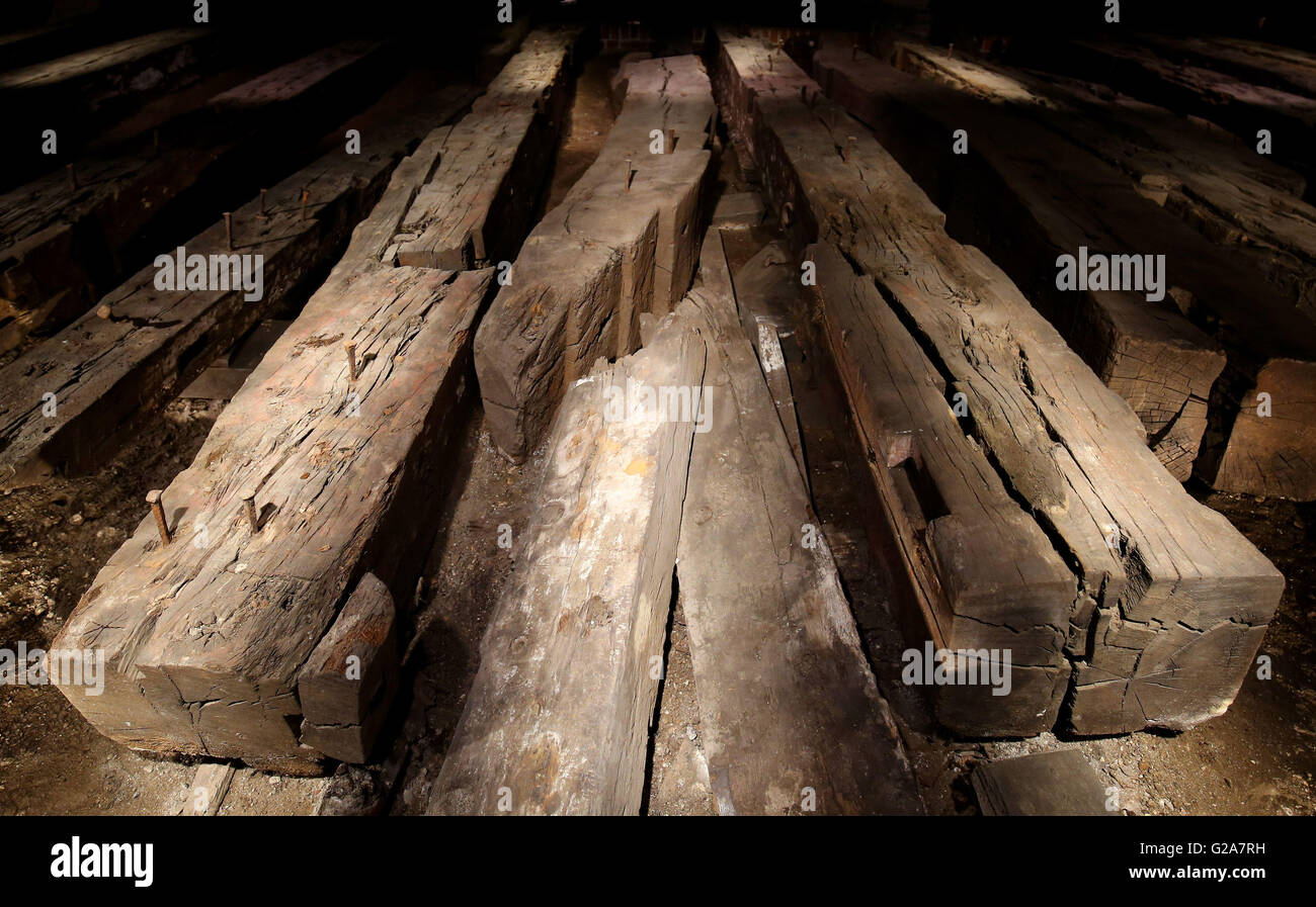 A view of the skeleton timbers of HMS Namur, the world's first round ...