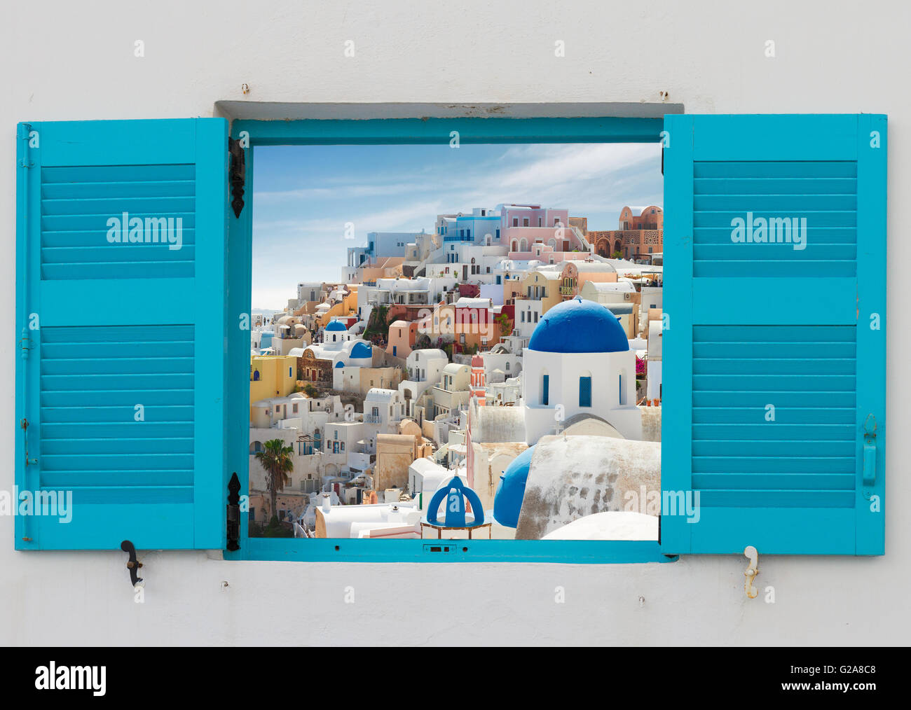 window with Oia, traditional greek village Stock Photo - Alamy