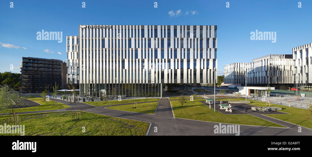 Elevated view of building complex. Fornebuporten, Oslo, Norway ...