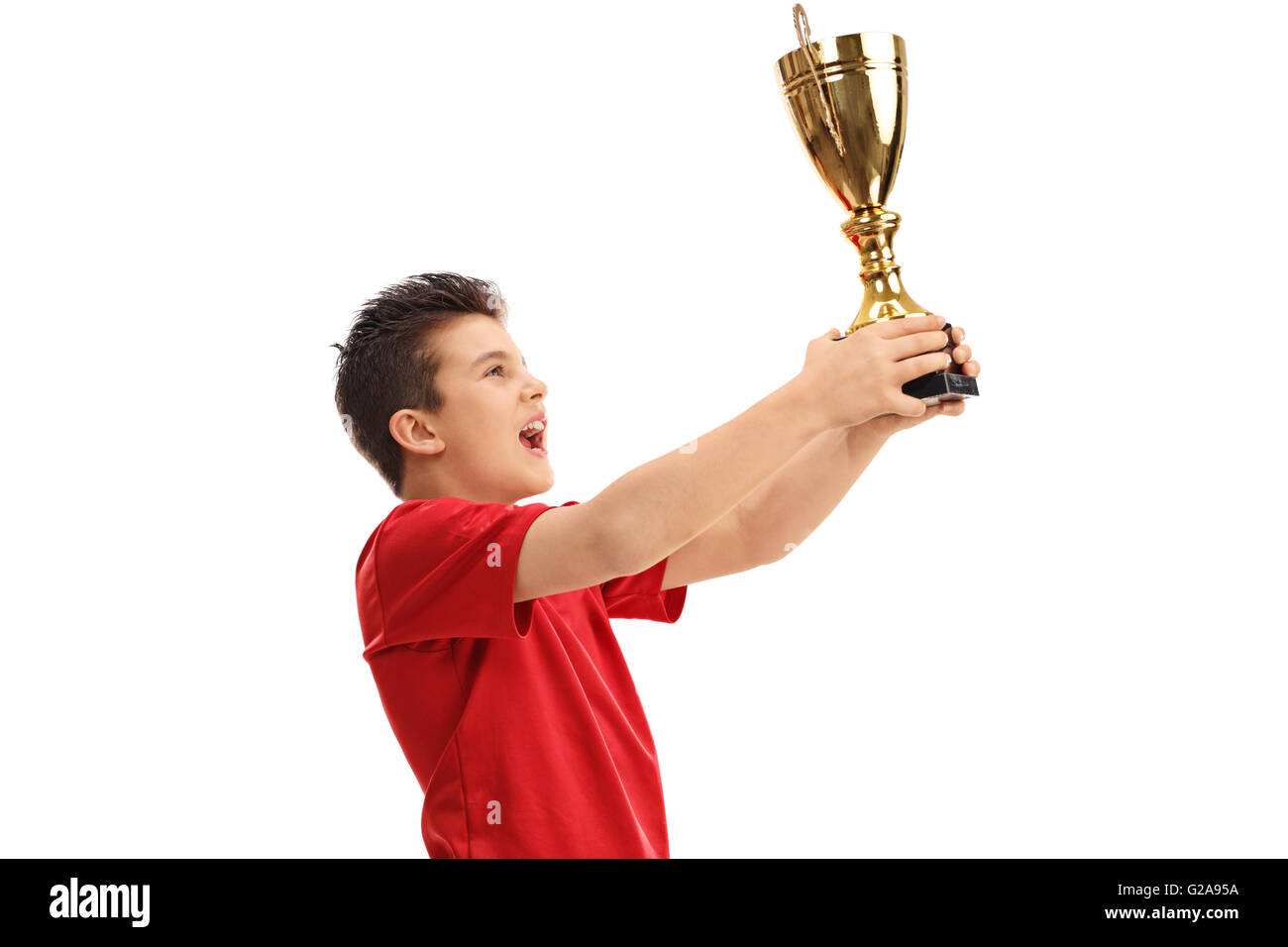 Joyful junior athlete lifting a trophy and celebrating isolated on ...