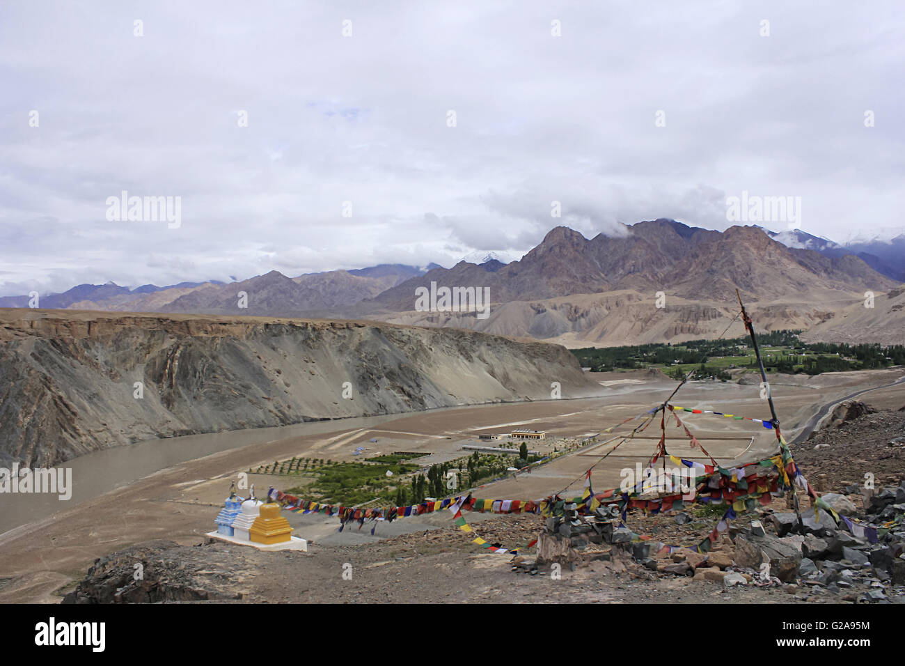 Prayer flags over Indus river valley, Ladakh, Jammu and Kashmir, India ...