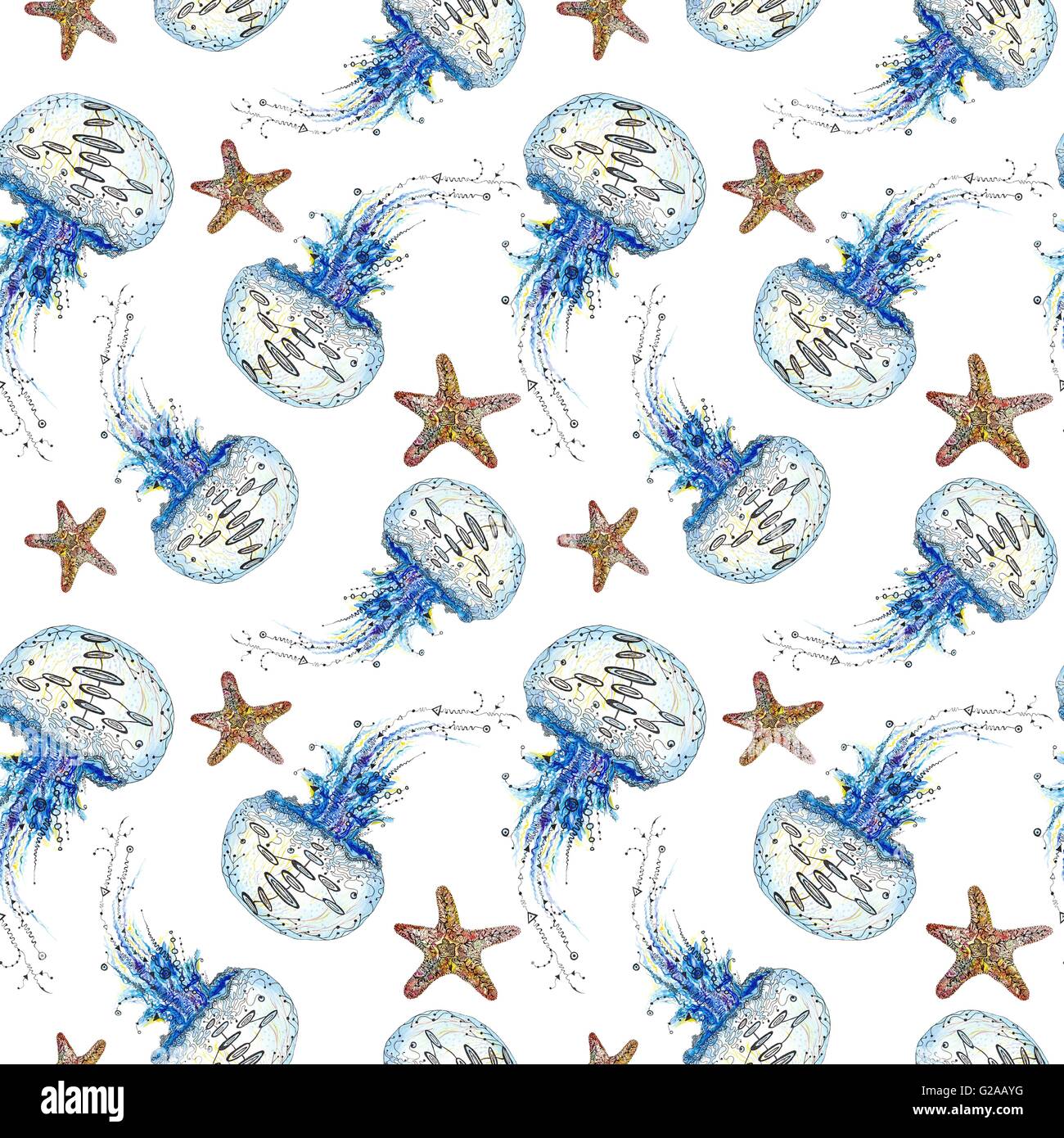 Seamless marine texture with sea animals in sketch style on white ...