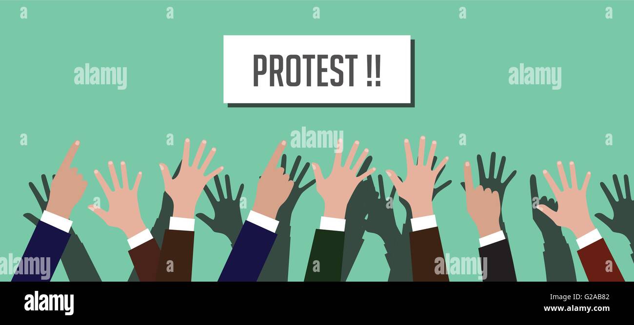 protest illustration people crowd with hands raised up with placard ...
