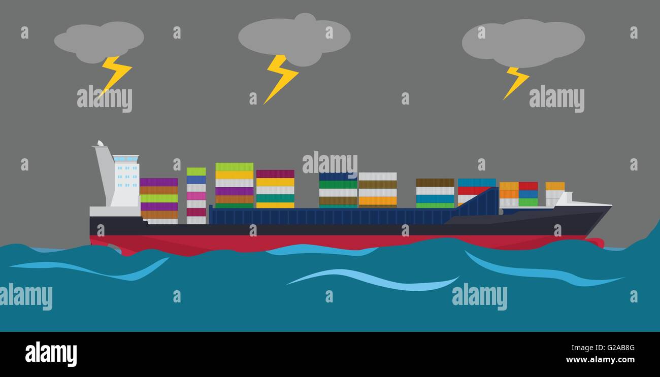 container ship on middle of sea and bad weather with lightning in ...