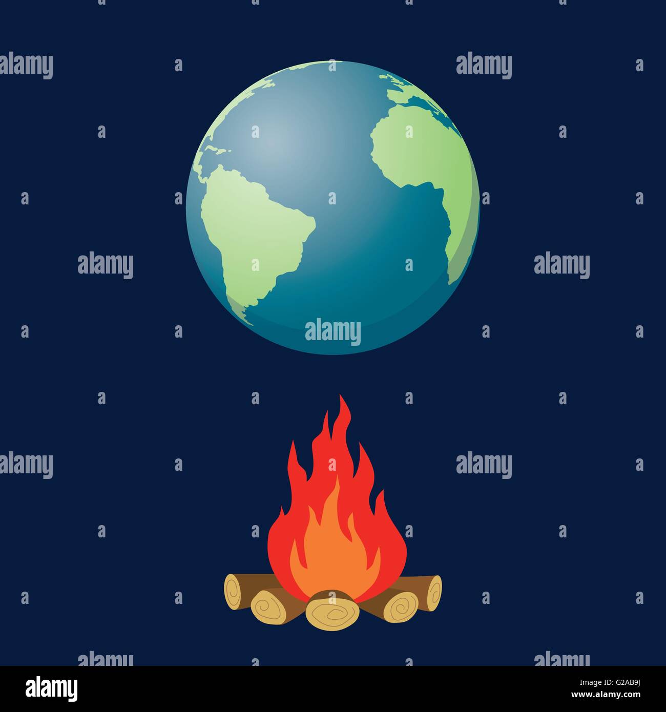 global warming illustration with globe and fire bonfire vector Stock ...