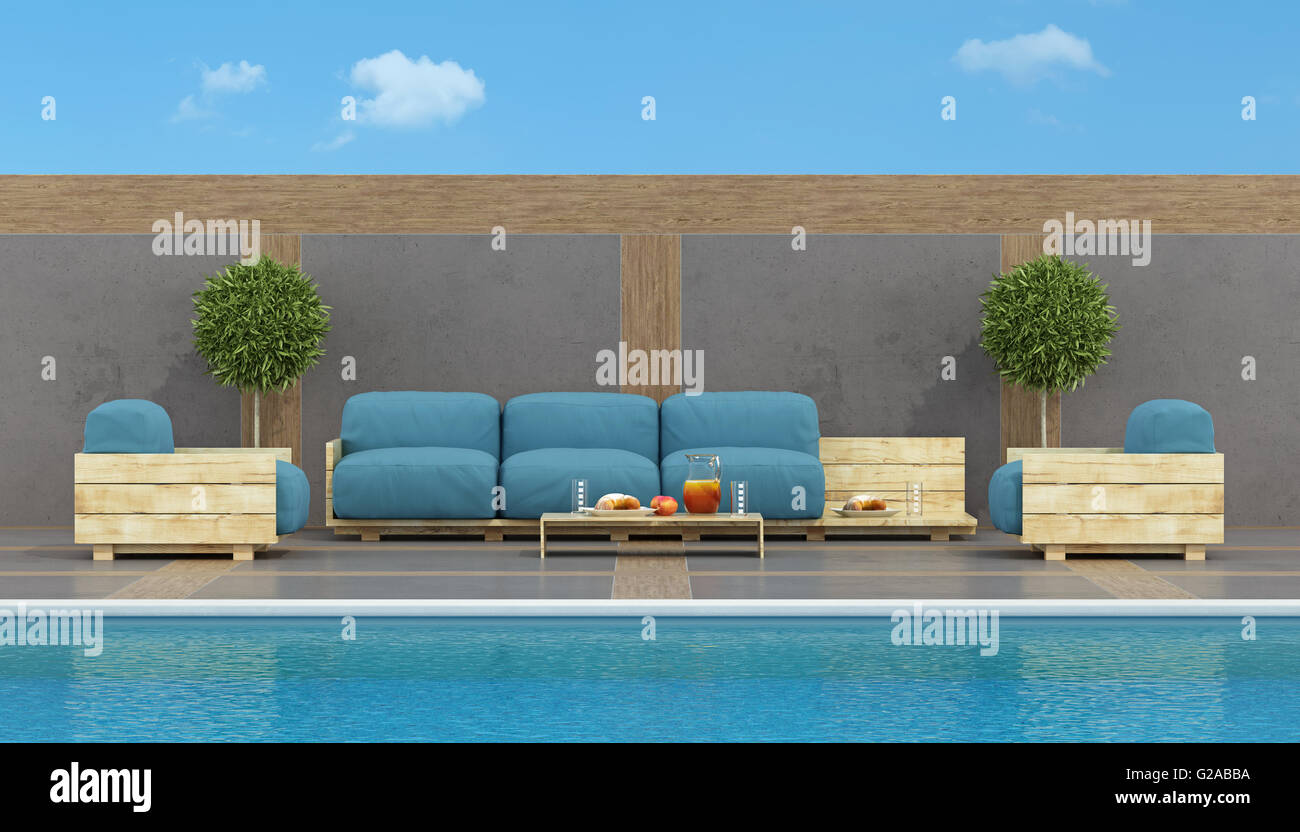 Modern pool summer villa pallet sofa armchairs hi-res stock photography ...