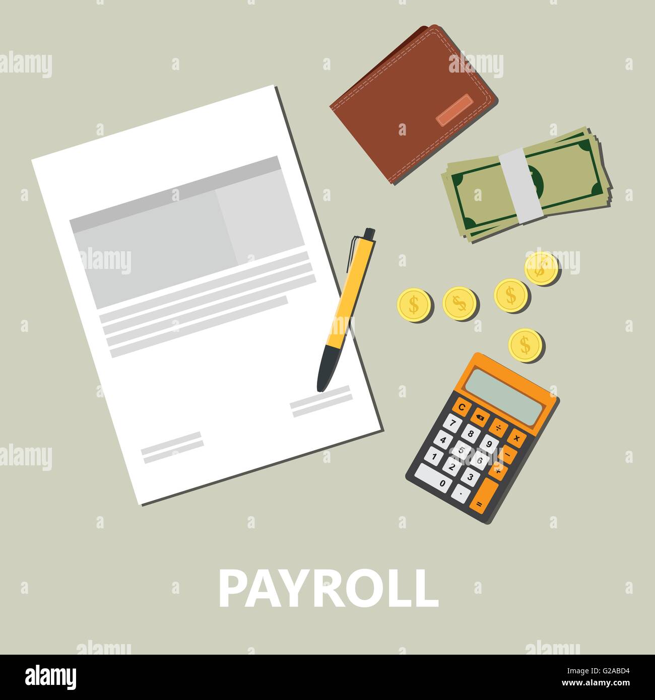 payroll with document paper pencil gold coin money wallet and ...