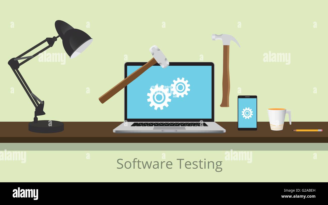 software testing illustration with laptop and gear and hammer ...
