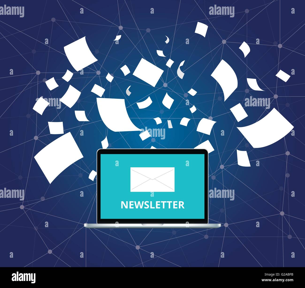 newsletter with letter and laptop notebook and paper flying as ...