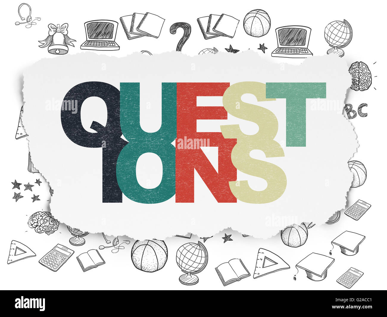 Education concept: Questions? on Torn Paper background Stock Photo - Alamy