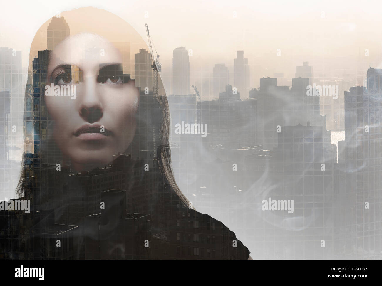 Double exposure of young woman's face over cityscape Stock Photo - Alamy