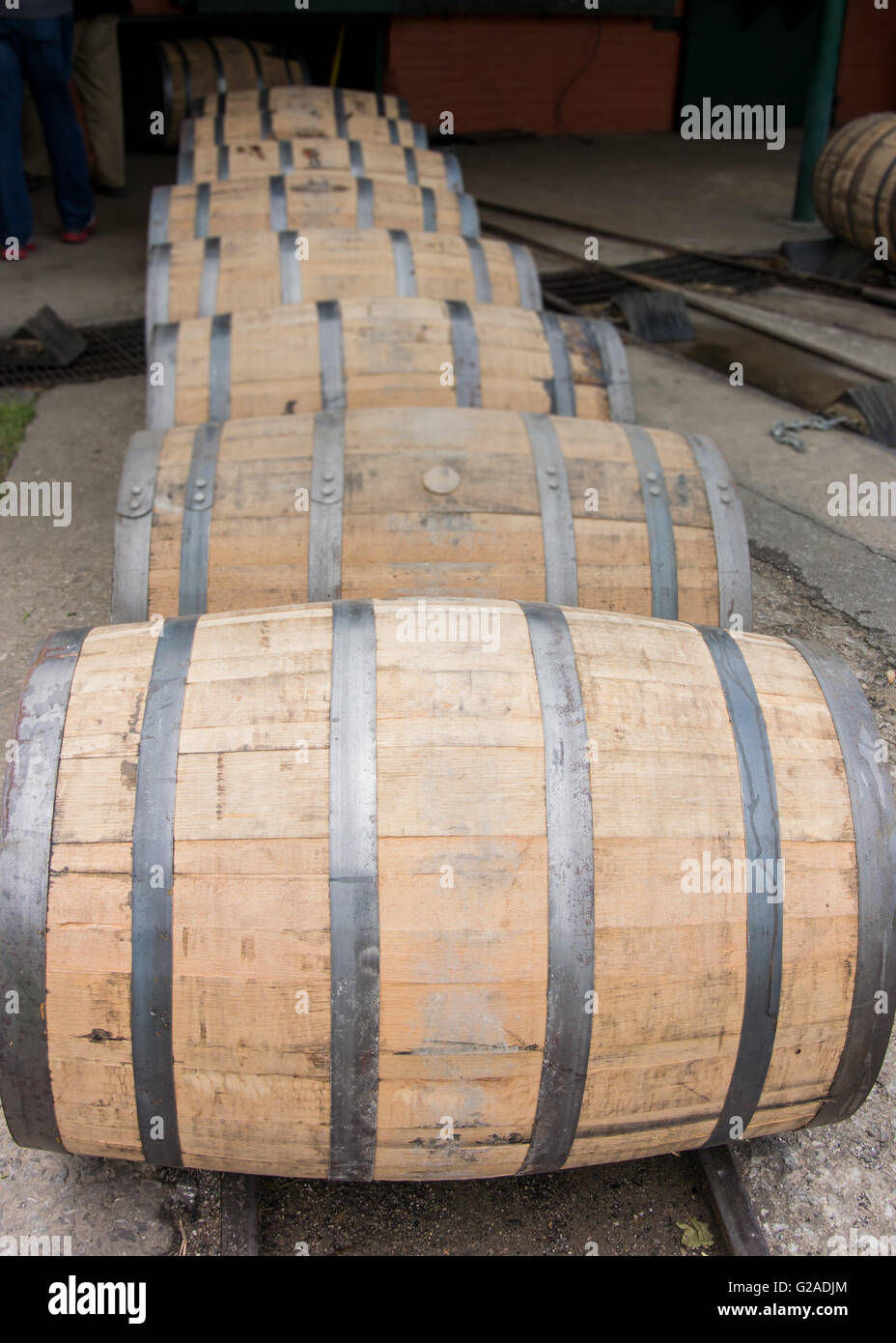 Row of Barrels Rolling n a single line Vertical Stock Photo - Alamy