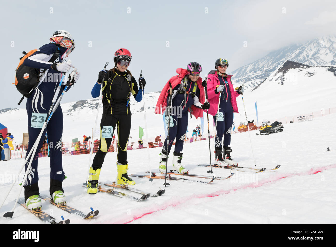 Girls ski mountaineers at the starting line. Team Race ski ...