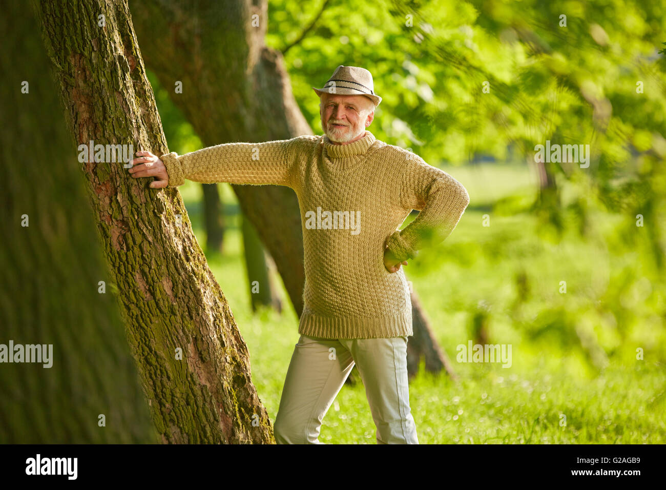Active senior man leaning on a tree in a forest in summer Stock Photo ...