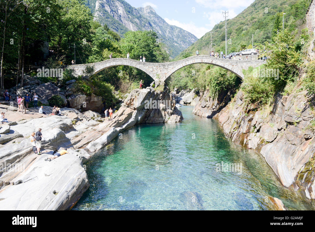 Lavertezzo, Switzerland: 1 September 2014: Tourists visiting the famous ...
