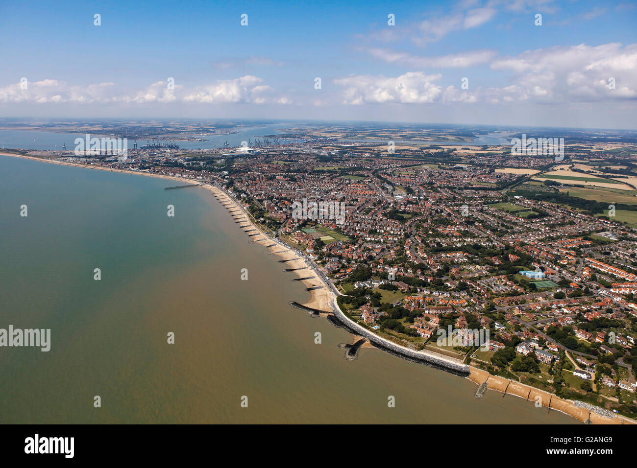 A wide aerial view of the Suffolk coastal town of Felixstowe with ...