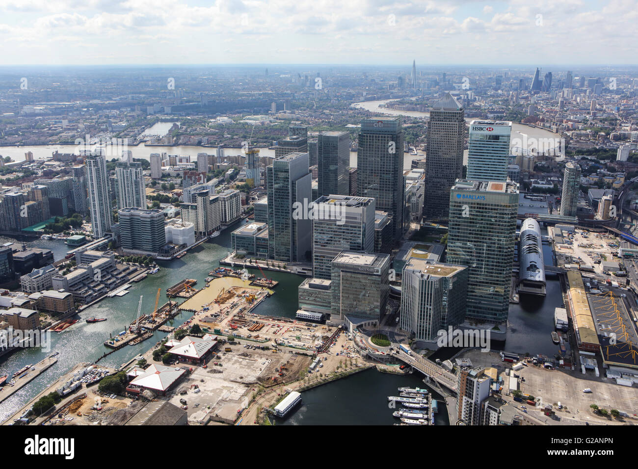 An aerial view of Canary Wharf with the City of London visible behind ...