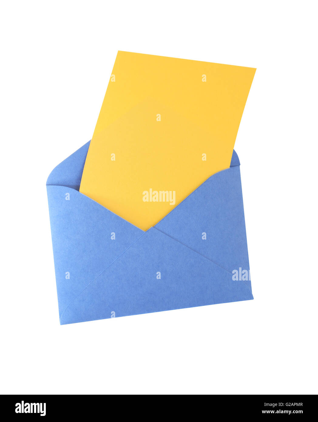 Blank yellow paper inside open envelope on white background. Isolated ...