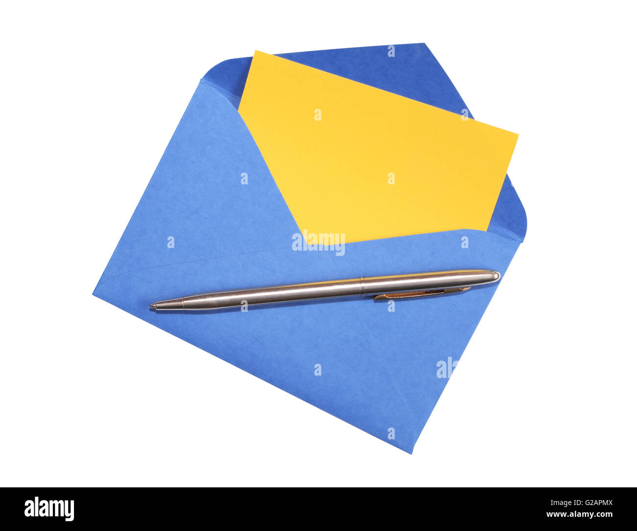 Blank yellow paper inside open envelope on white background. Clipping ...