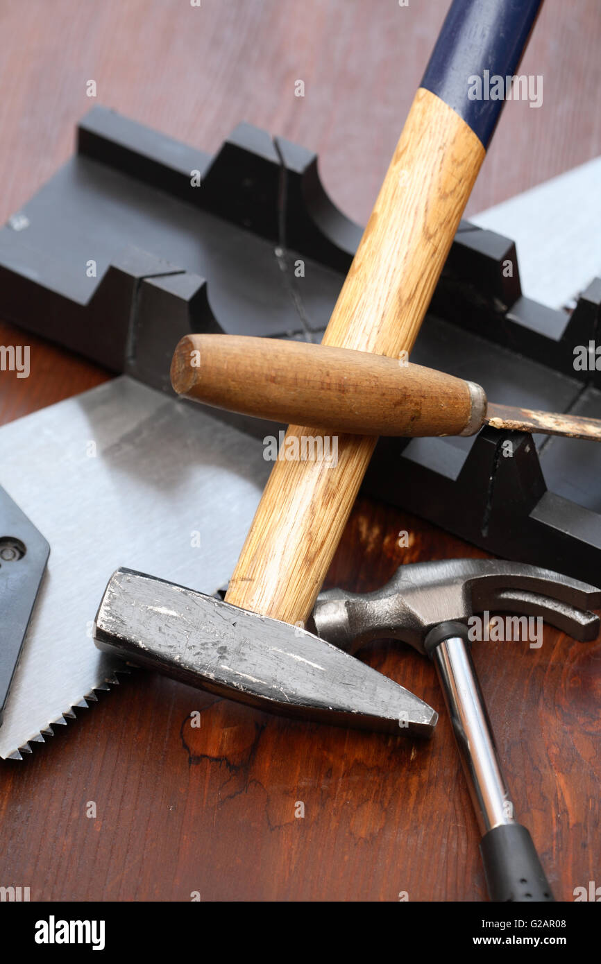 Set of carpenter tools on wooden workbench Stock Photo - Alamy