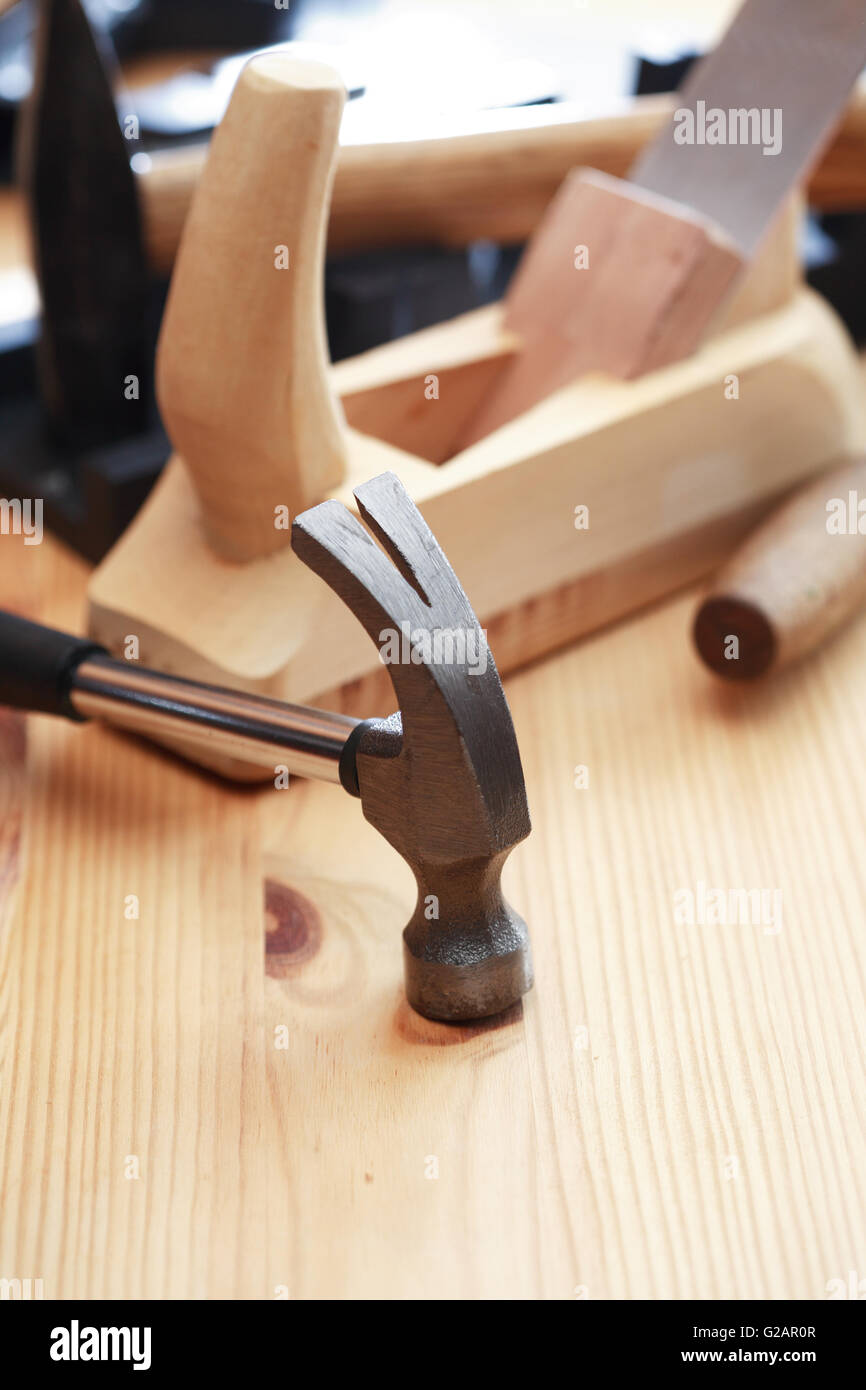 Set of carpenter tools on wooden workbench Stock Photo - Alamy