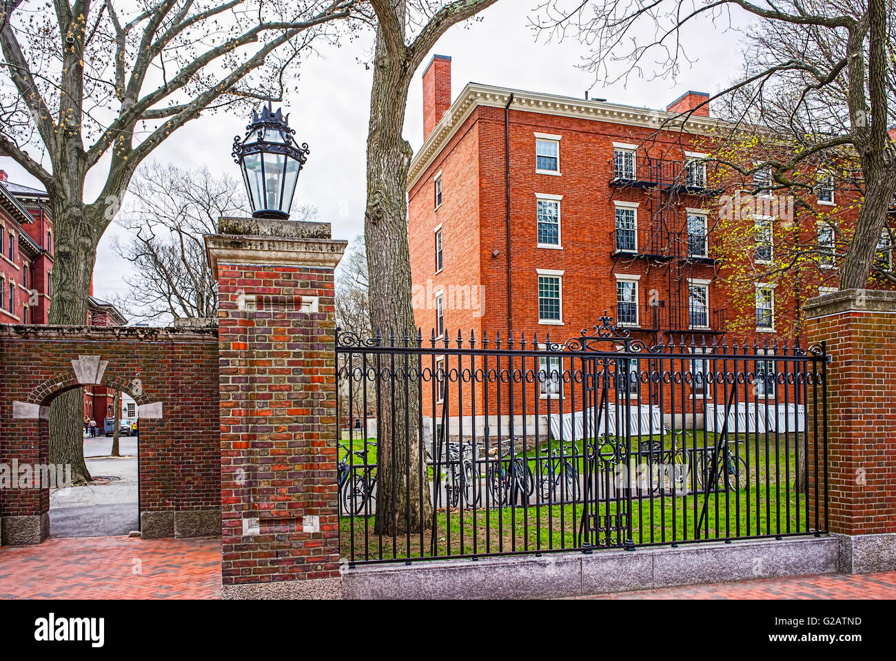 Entrance gate and a dormitory building in Harvard Yard of Harvard ...