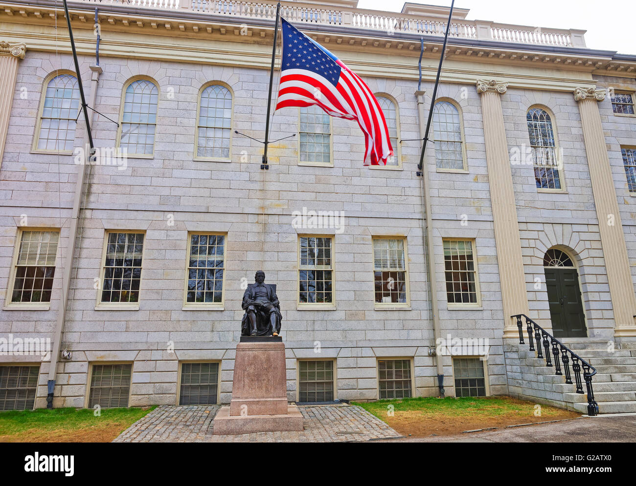 University Hall and John Harvard Statue in the campus of Harvard ...