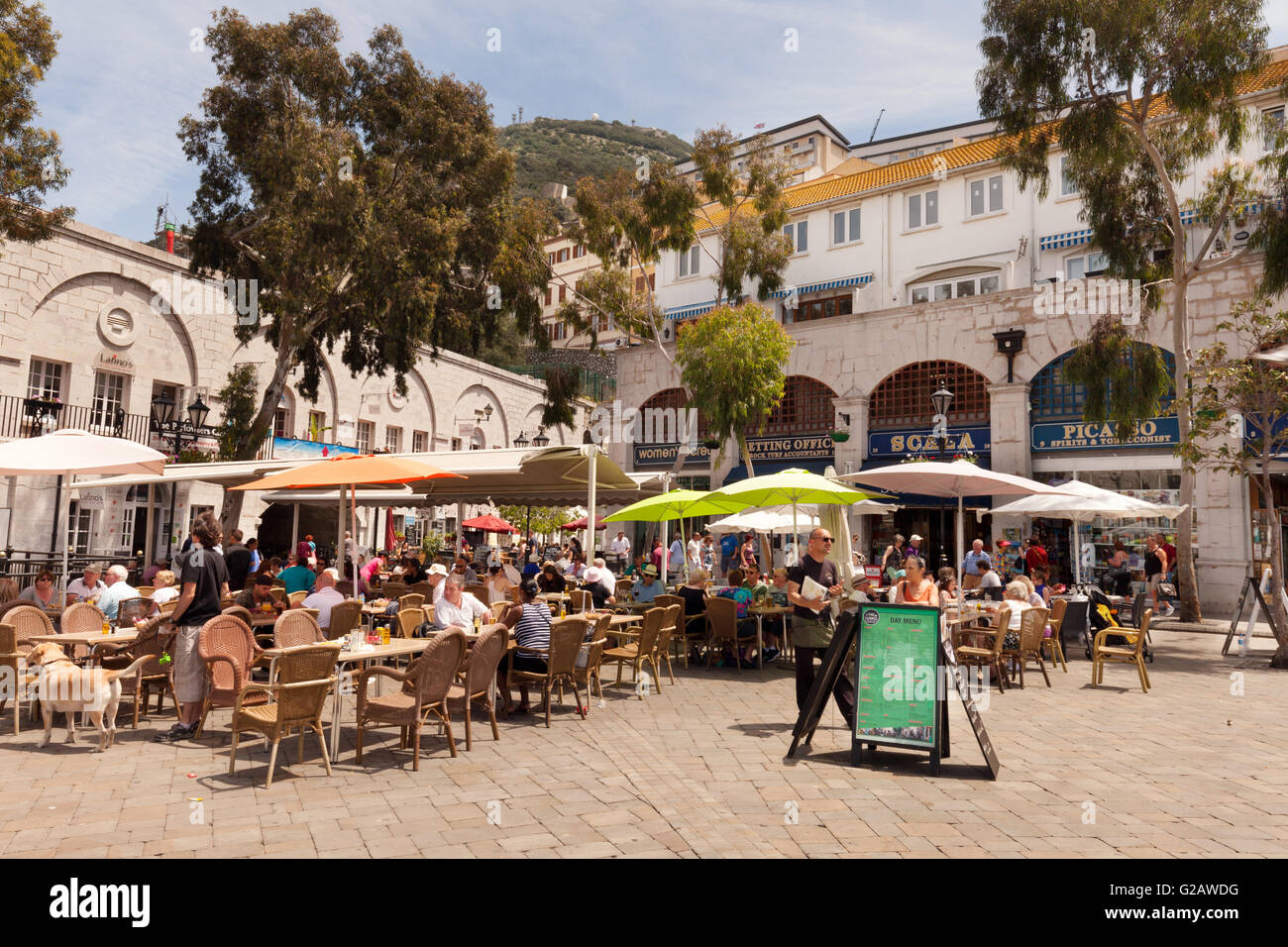 People sitting in cafes on a sunny day in spring, Casemates Square ...