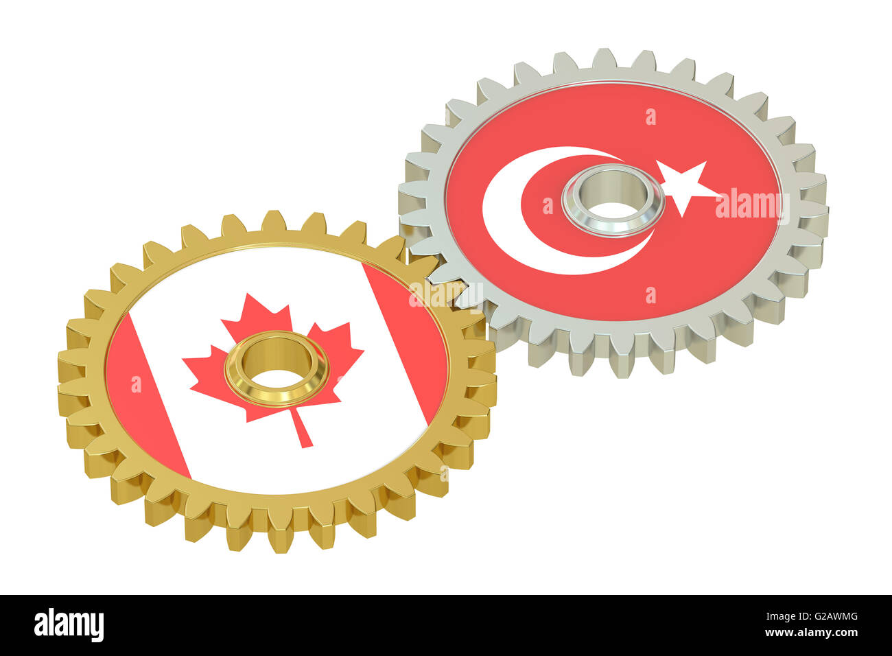 Canada and Turkey flags on a gears, 3D rendering isolated on white ...