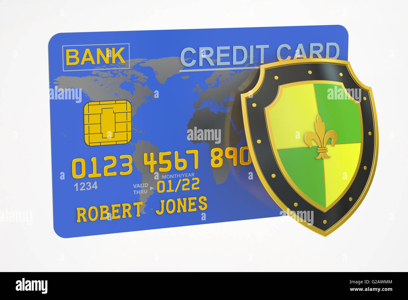 Credit card with security shield, 3D rendering isolated on white ...