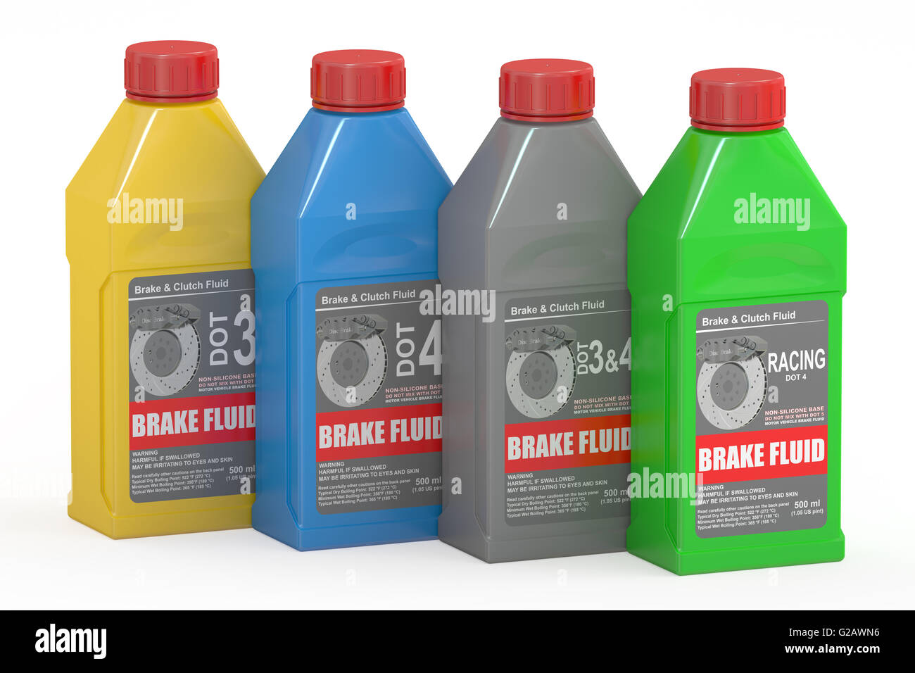 Set of Brake Fluid Bottles, 3D rendering isolated on white background ...